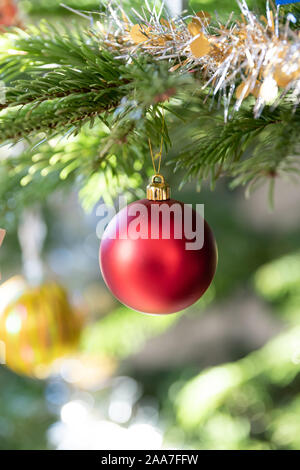 red christmas ball on fir tree branch with snow Stock Photo - Alamy