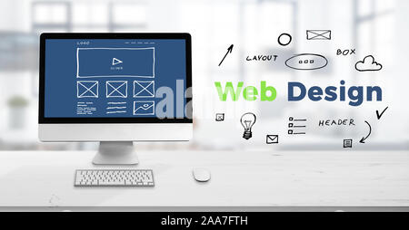 Web site sketch on computer display. Concept of web design studio. Copy ...