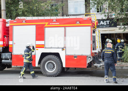 Firefighters training, foreground is drop of water springer, Selective ...