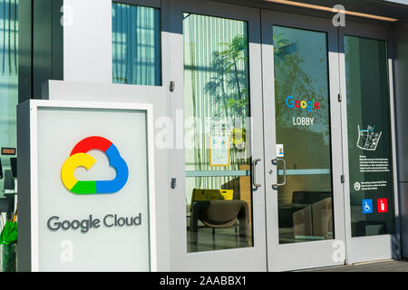 Google Cloud logo at the visitor entrance to lobby of Google campus ...