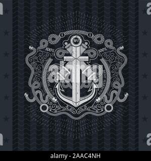 Marine anchor with rope. In frame. Victorian era, beautiful frame. Blue ...