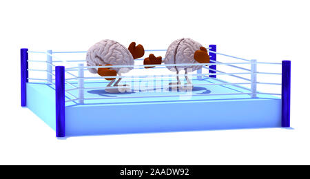 two human brains with boxing gloves in a fight on a boxing ring, 3d ...