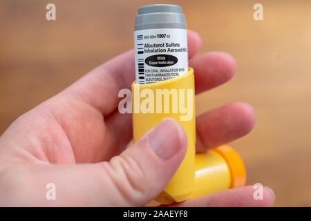 Albuterol sulfate inhaler, commonly used in the treatment of asthma as ...