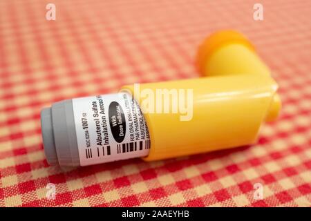 Albuterol sulfate inhaler, commonly used in the treatment of asthma as ...