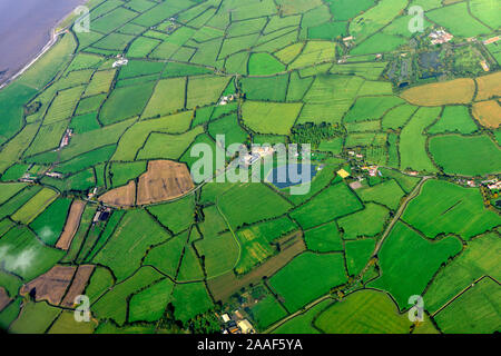 Aerial view English green fields with hedgerow boundaries and part of ...