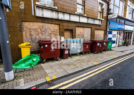 Recycling bins put out by businesses in the city centre of Hanley ...