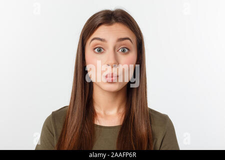 Portrait joyful outgoing woman likes laugh out loud not hiding emotions ...
