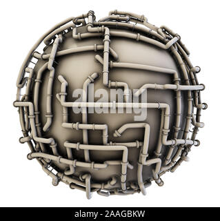 The white sphere is wrapped in a pipeline. 3D illustration. Industry ...