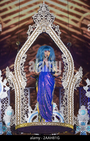 LONDON, ENGLAND: Cher (real name Cherilyn Sarkisian) performs on stage ...