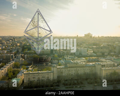 city panorama with crypto currency symbol on top of it, ethereum icons ...