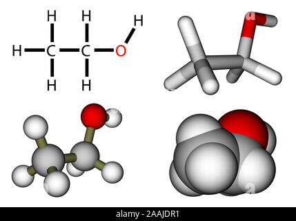 Alcohol (ethanol, ethyl alcohol) molecule, chemical structure. Blue ...