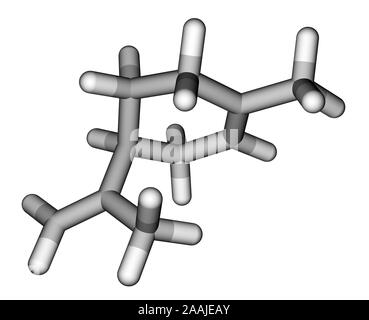 Limonene (D-limonene) citrus scent molecule. 3D rendering. Atoms are ...