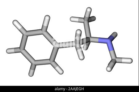 Methamphetamine (crystal meth) drug molecule, flat icon style. Nitrogen ...