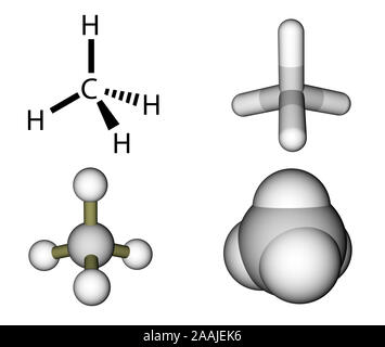 Methane, CH4, molecule model and chemical formula. Chemical compound ...