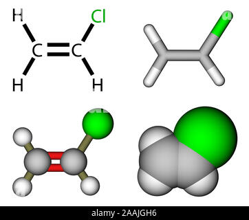 Vinyl chloride, polyvinyl chloride (PVC) plastic building block. Atoms ...