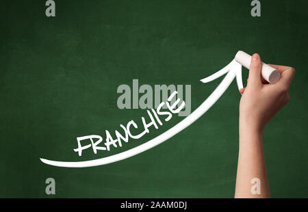 Hand drawing FRANCHISE inscription with white chalk on blackboard ...