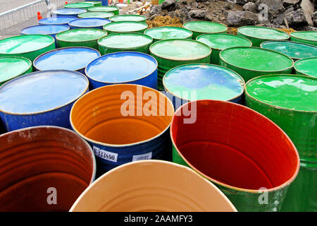 Large group of standard metal oil barrels Stock Photo - Alamy
