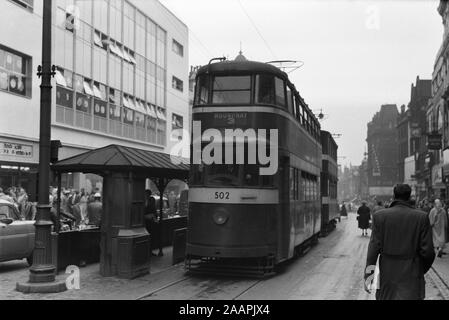 Leeds Corporation Trams 502 (Feltham Car), 201 and others on a wet and ...