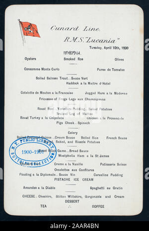 MENU (held by) CUNARD LINE (at) R.M.S. CAMPANIA (SS;) (NYPL Hades ...