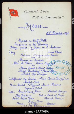 MENU (held by) CUNARD LINE (at) R.M.S. CAMPANIA (SS;) (NYPL Hades ...