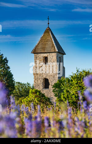 Coastal Swedish Chapel, blue sky and seaside natural environment ...