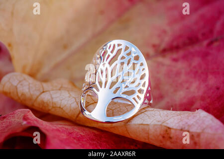 Sterling silver ring in the shape of tree in mandala on green moss ...