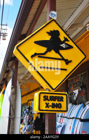 SURFER CROSSING SIGN HALEIWA NORTH SHORE OAHU HAWAII USA Stock Photo ...
