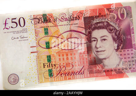 Fifty pound note, £50 note, English fifty pound note on white ...