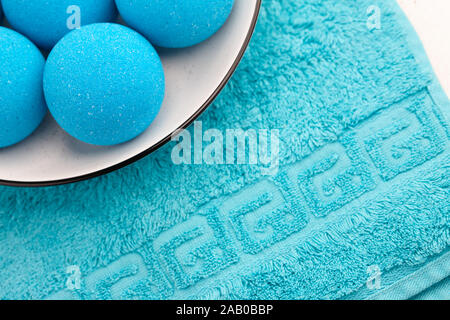 Blue bath bomb on towel background, close up view Stock Photo - Alamy