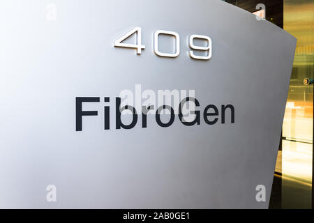 Mission Bay headquarters and sign for FibroGen, a biotechnology company ...