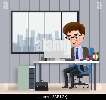 Boss Working Character Vector. Working Male. Modern Office Workplace ...