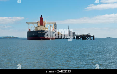 Oil tanker being loaded with oil at the Hound Point Tanker Terminal ...