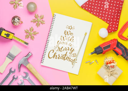 Merry Christmas Handy Tools Christmas Gift concept. Hammer, adjustable ...