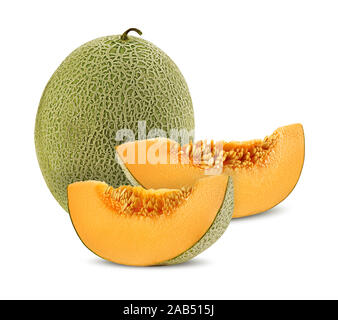 Close-up of two slices of cantaloupe melon on a plate and a glass of ...