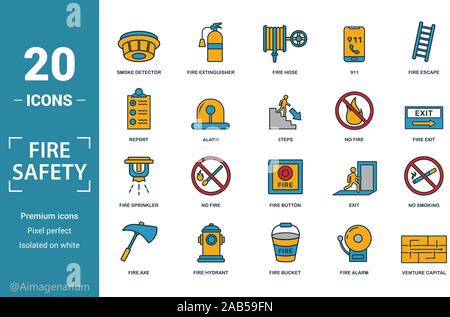 Fire Safety icon set. Include creative elements smoke detector, fire ...
