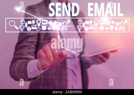 Text sign showing Send Email. Business photo showcasing the system for using computers to send ...