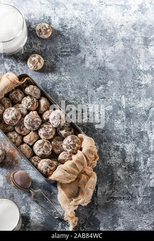 Round chocolate mini boxes in a tin retro box. Chocolate dessert Stock ...