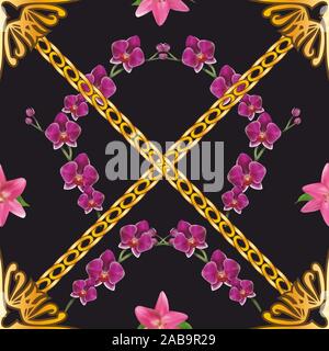 Ornamental chain pattern on black background. Colorful flowers ...
