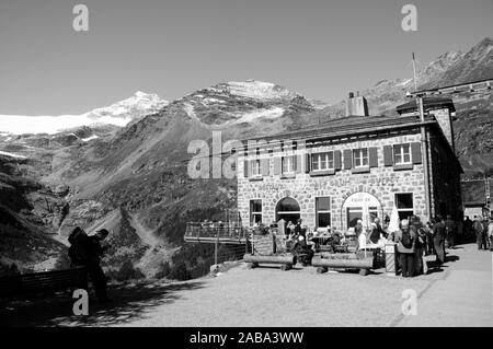 Mountain restaurant on Alp Grüm near Bernina Hospitz in the Swiss Alps ...