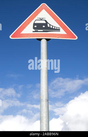 German road sign: level crossing ahead Stock Photo - Alamy
