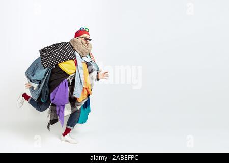 Man addicted of sales, clothes, overproduction and crazy demand. Female ...