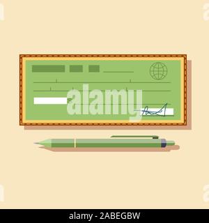 Blank bank check with pen and signature pin map icon. E-commerce sign ...
