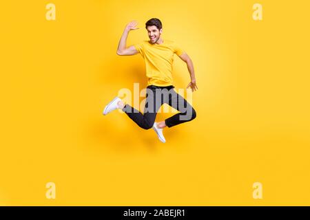 Photo of funky crazy guy arm finger show thumb up feedback rate ...