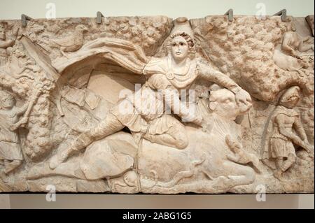 Marble relief carving of the God Mithras slaying the mystic bull second ...