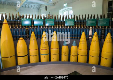 High explosive, naval artillery shell warheads, in a loading crate on a ...