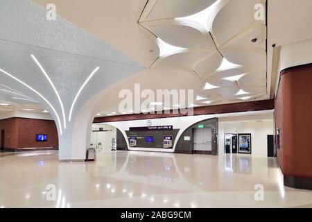 Doha, Qatar - Nov 20. 2019. Turnstiles in interior of Al Bidda metro ...