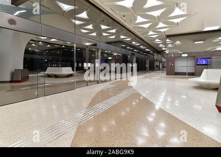 Doha, Qatar - Nov 20. 2019. Turnstiles in interior of Al Bidda metro ...