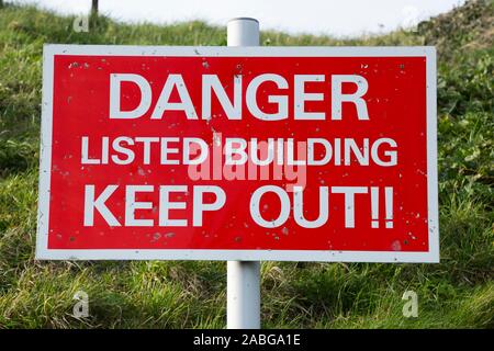 Listed building keep out sign, and danger signs at a former MOD ...