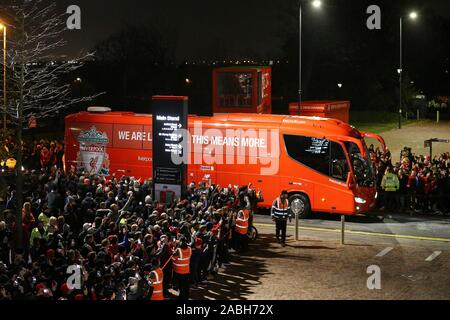 The Liverpool team bus arrives at the stadium prior to the beginning of ...
