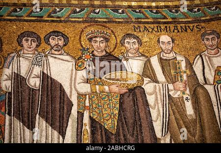 Mosaic of Byzantine emperor Justinian, Bishop Maximian, general ...